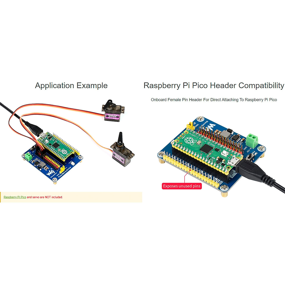 Servo Driver Module for Raspberry Pi Pico, Up to 16-Channel Servo/PWM Outputs, 16-bit Resolution for Each Channel,Onboard Standard Servo Interface to SG90/MG90S/MG996R,etc.