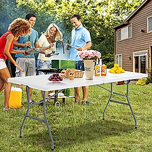 Giantex Folding Picnic Table, 6FT Card Table HDPE, Portable Foldable Tables for Party BBQ, Metal Legs, White Outdoor Camping Table with Handle, No Assembly (White)