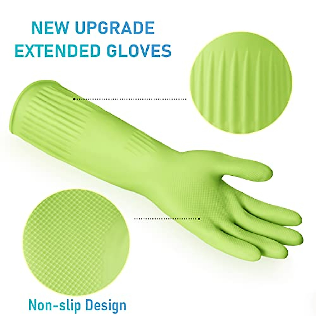 Disfore Rubber-Gloves Dishwashing Gloves for Cleaning-Kitchen - 2 Pairs of Durable and Reusable Kitchen Gloves，Long Sleeve Waterproof Household Cleaning Gloves for Washing Dishes (Medium Green)