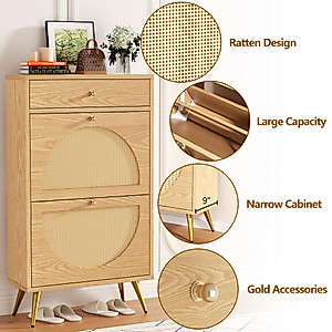 Meilocar Rattan Shoe Cabinet, 2 Flip Door Shoe Storage Cabinet with 1 Drawer Freestanding Slim Shoe Rack Storage Organizer with 3-Tier Adjustable Shelves for Entryway, Closet, Hallway (Natural)