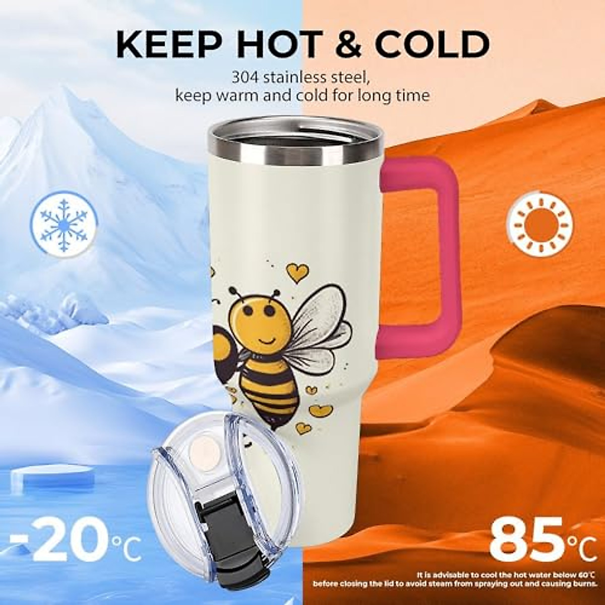 FHENMSA 40 Oz Insulated Coffee Mug Tumbler with Handle,Bee Love Honey Print Insulated Tumbler,Stainless Steel Travel Mug with Lid And Straw