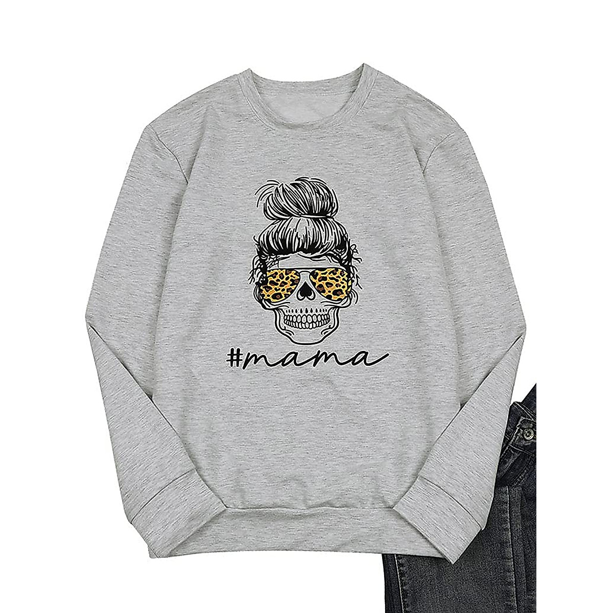 StarVnc Funny Mama Sweatshirt For Women Mom Life Leopard Skull Graphic Shirt Casual Long Sleeve Pullover Tops, Grey