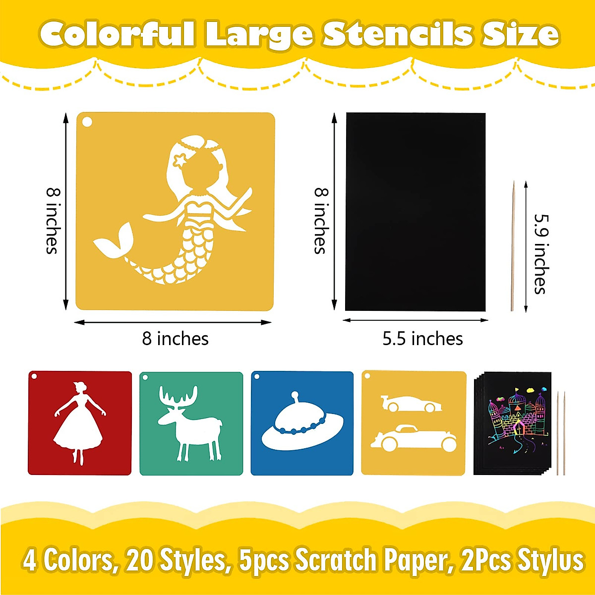 20 PCS Sturdy Stencils for Kids, 8 Inch Kids Stencils with 5 Pcs Scratch Paper for Painting to Imaginative Children's Stories, Learning Tools for Toddlers and Preschooler