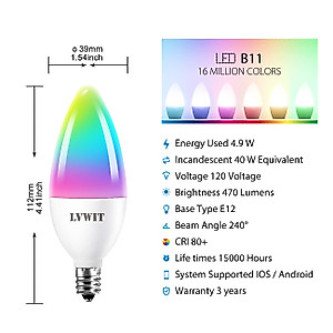LVWIT Smart Light Bulb, B11 Smart Candelabra LED Bulb, E12 Base(12mm) WiFi Chandelier Light Bulb, Color Changing, Dimmable, Work with Alexa Home Amazon Echo, No Hub Required, 470 Lumen 4.9W 2 Pack