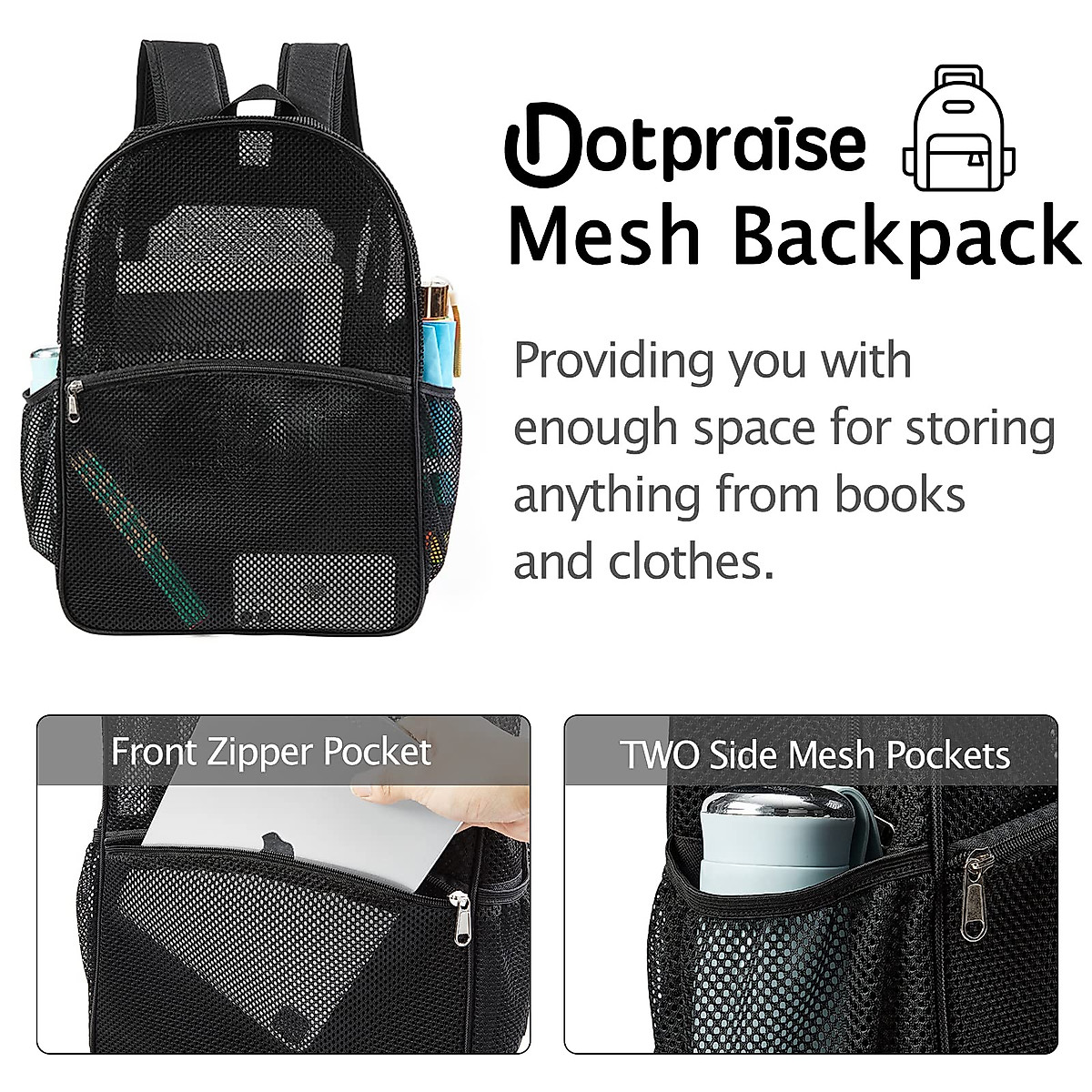Dotpraise Heavy Duty Mesh Backpack, Lightweight See Through College Student Backpack with Comfort Padded Straps for Commuting, Swimming, Work, Travel, Outdoor Sport