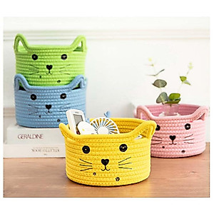 Kamuavni Woven Basket Cartoon Cotton Rope Gifts Basket with Handle Empty Baby Wicker Storage Basket Nursery Box Bin Kids Organizer Cat Dog Toy Basket Easter Basket,Yellow