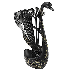 AnSaw Elegant Swan Base Holder Set with 10 pcs Black Leaf 4.7" Stainless Steel Mini Forks for Appetizer, Fruit, Dessert, Cake & Salad