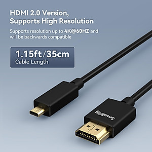 SMALLRIG Micro Ultra Thin HDMI Cable 35cm/1.15Ft (D to A), Super Flexible Slim High Speed 4K 60Hz HDR 2.0, Fit for Sony A7RIII / A6600 / A6500, for FUJIFILM X-T3 / X-T4, for GoPro Hero 7/6/5-3042B