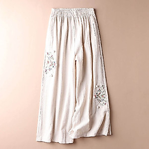 Todays Deals Sale Clearance fold Over Yoga Pants for Women Cotton Linen Pants for Women Embroideried Capri Palazzo Pants Wide-Leg Pants Plus Size Baggy Slacks Trousers Beige 2XL