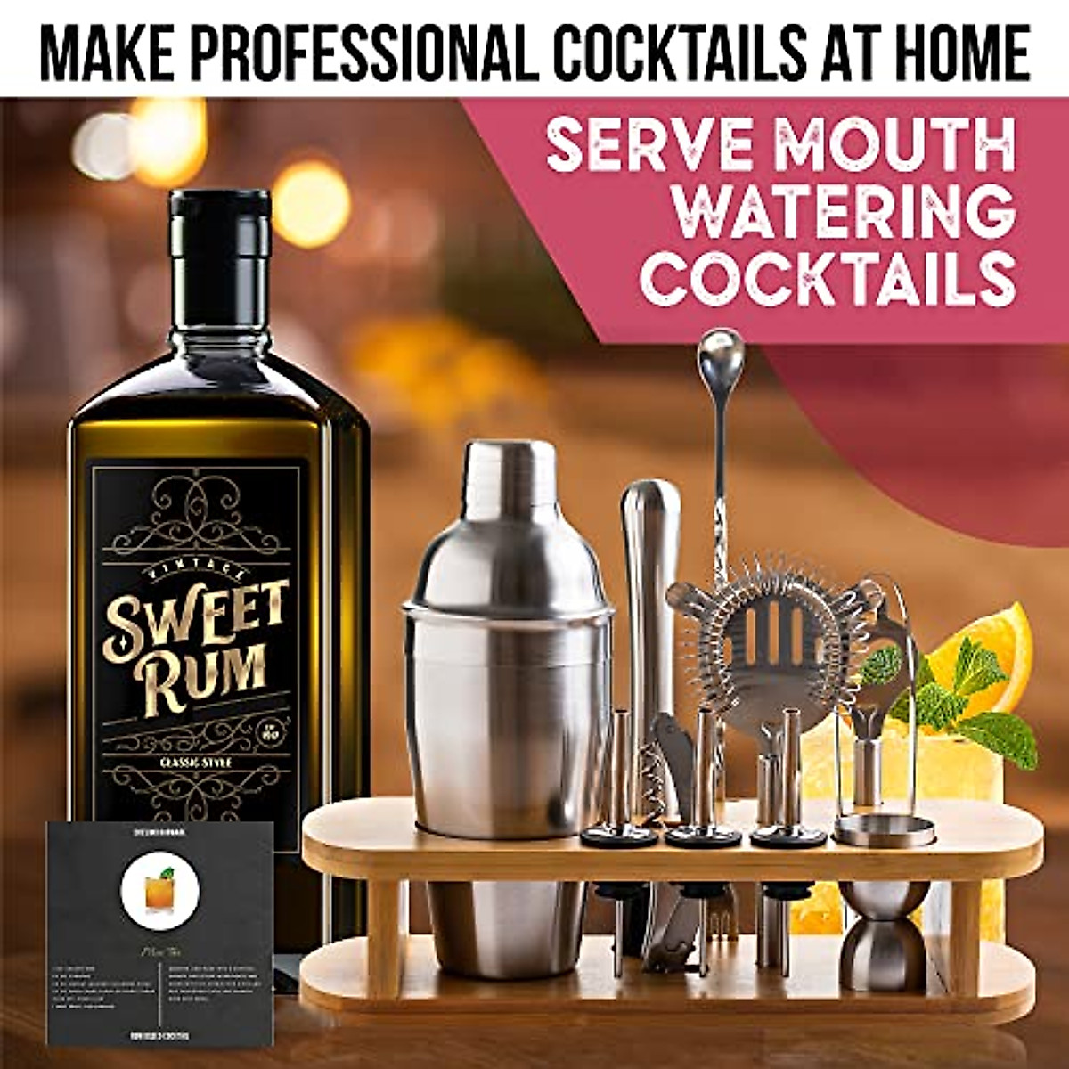 Cocktail Shaker Set: 12-PC Drink Shakers Cocktail with Bamboo Stand - Ultimate Home Bar Kit & Martini Shaker Set - Bar Set, Cocktail Mixer, Bartender Kit, Bar Tools - Cresimo Cocktail Set