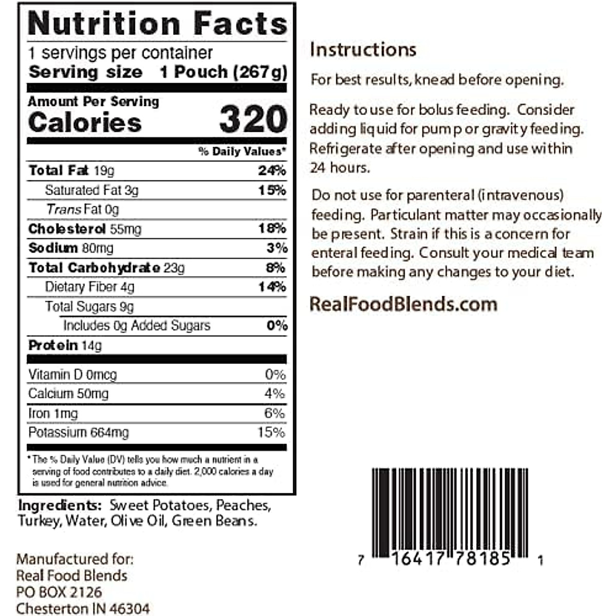 Tube feeding formula Turkey, Sweet Potatoes & Peaches Pureed Blended Meal for Feeding Tubes, 9.4 oz Pouch (Pack of 12 Pouches)