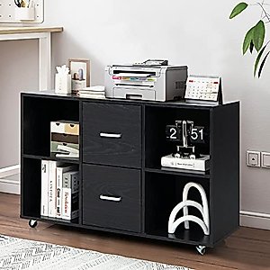 IFANNY 2 Drawer File Cabinet, Lateral Filing Cabinet with Shelves & Wheels, Black Buffet Sideboard, Rolling Storage Cabinet, Wood Cabinets for Home Office, Dining Living Room, Kitchen, Bedroom