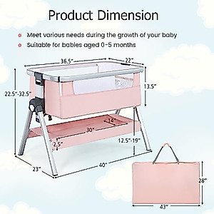 BABY JOY Bassinet, Portable Bedside Crib w/Mattress, Storage Basket, Built-in Pulleys, Adjustable Height & Travel Bag, Bassinet Bedside Sleeper for Newborn Infants (Pink)