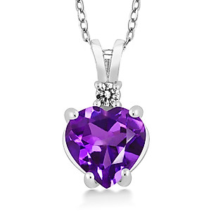 Gem Stone King 14K White Gold Purple Amethyst and White Diamond Heart Shape Pendant Necklace For Women (1.67 Cttw, Gemstone Birthstone, with 18 Inch Silver Chain)