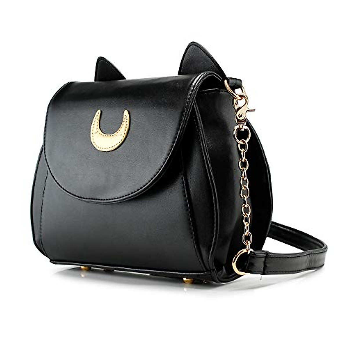 Oct17 Moon Luna Design Purse Kitty Cat satchel shoulder bag Designer Women Handbag Tote PU Leather Girls Teens School Sailer Style (Black)