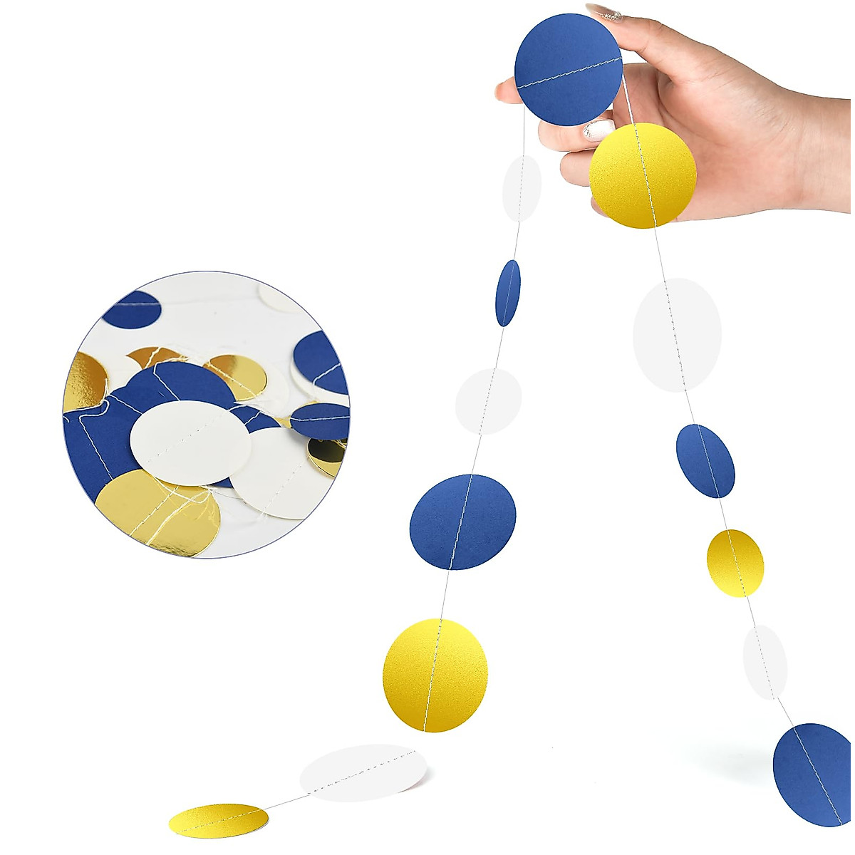 MIAHART 52 Feet Circle Dots Garland Lavender Paper Garland for Birthday Bridal Wedding Baby Shower Christmas Valentine Day Lilac Theme Party Decorations (Blue Gold)