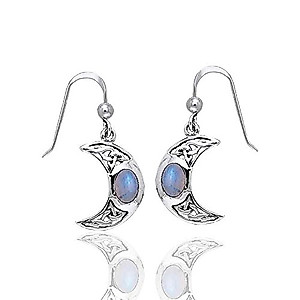 Celtic Knot and Crescent Moon Spirit with Genuine Rainbow Moonstone Sterling Silver Hook Earrings