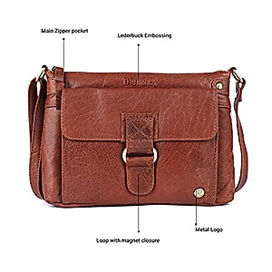 LEDERBUCK Lucy Small Soft Leather Sling Crossbody Handbags- Double Zip Premium Sling Crossover Shoulder Bag for Women (Cognac)