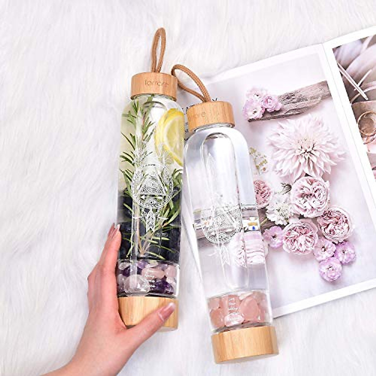 Larrare Crystal Water Bottles 19oz Large Crystal Elixir Infused Water Bottle with Changeable Crystals | Gem Water Bottle with Sacred Pattern and Words (Amethyst, Rose Quartz, Clear Quartz)