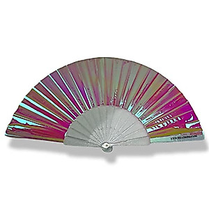 CTT CREATIONS CTT-Mini Folding Fan- 9 inches Tall 16 inches Wide- Hand Fan Clear Sparkly PVC -Pink and White Pure Electric - See Throught Light Material Fan for Events Rave Concert and Festival-