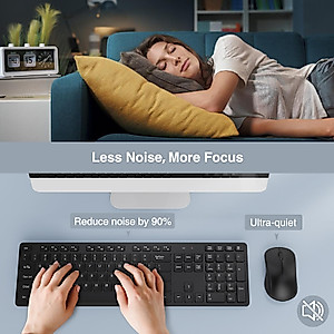 Wireless Keyboard and Mouse, WisFox 2.4GHz Full-Size Silent with Numeric Keypad, Long Battery Life, Lag-Free, Slim USB Cordless Mouse Combo (Black)