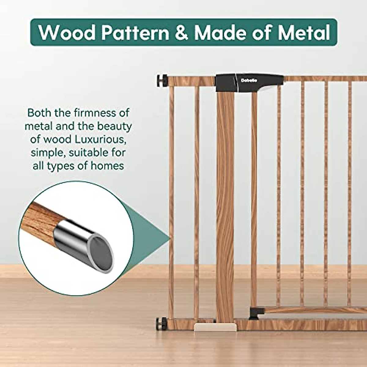 BABELIO Metal Baby Gate with Wood Pattern, 29-40" Easy Install Pressure Mounted Dog Gate, Ideal for Stairs and Doorways, with Wall Protectors and Extenders, No Tools Required