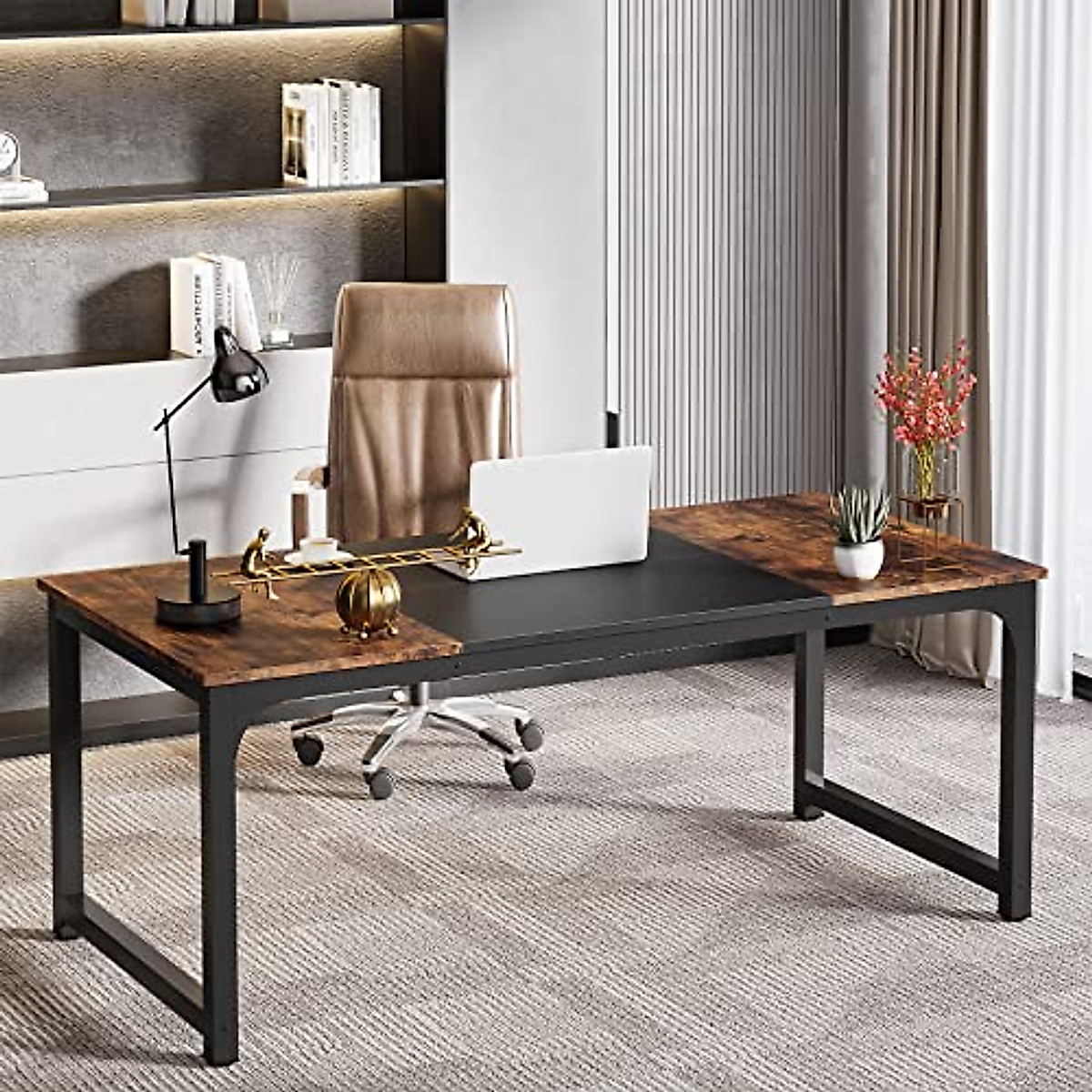 LITTLE TREE 70.8 Inch X-Large Executive Computer Office Desk, Brown+Black