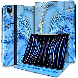 Zonefoker for New iPad Pro 12.9 Case 6th/5th/4th/3rd Generation 2022/2021/2020/2018, 12.9 inch ipad Pro Leather Folio Cover with Pencil Holder, Multi-Angle Viewing Stand, Auto Wake/Sleep, Marble Blue