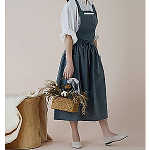 ENN&EEZY Pinafore Aprons for Women with Pockets Japanese Cross Back Linen Apron for Kitchen Cooking, Gardening, Painting, Baking Green