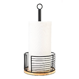 Countertop Paper Towel Holder - Black Metal Wire Kitchen Roll Holder with Wooden Base - Farmhouse Paper Towel Stand