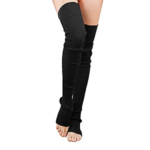 v28 Women Girls Thigh High Neon Ribbed Long 80s 90s Party Skating Leg Warmers (One Size, Hole86 -Black)