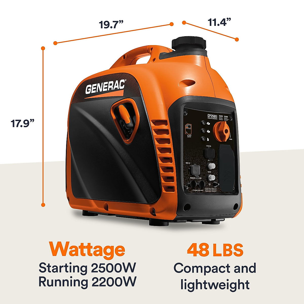 Generac 8251 GP2500i 2,500-Watt Gas Powered Portable Inverter Generator - Compact and Lightweight Design - Produces Clean, Stable Power - COsense Technology - CARB Compliant - Orange/Black
