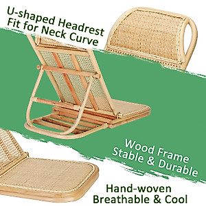 Folding Portable Beach Chair, 4-Gear Adjustable Chaise Lounge, Rattan Beach Chair, Floor Wood Chair,Pool Lounger Recliner, Portable Wicker Beach for Pool Home Yoga Meditate Office Relaxation