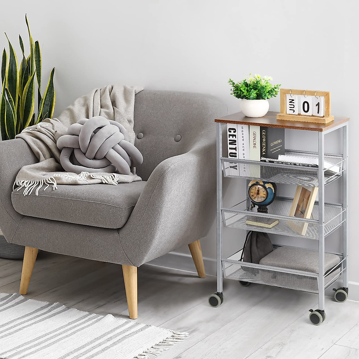 NORCEESAN Kitchen Cart 4 Tier Island Rolling Cart with Wood Shelf Serving Cart on Wheels for Bathroom Mesh Rolling Carts Industrial Storage Cart for Bedroom Living Room, Modern Silver