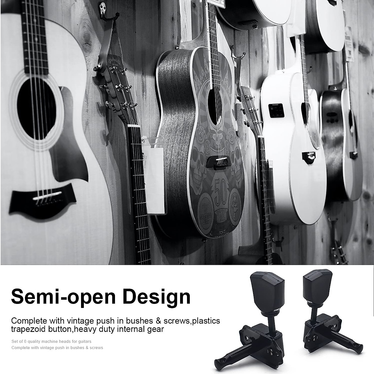 MAXCHEER 3R3L Vintage Guitar Deluxe String Tuning Pegs Machine Heads Greenish Button for Epiphone Les Paul Style Guitar Replacement (Black)