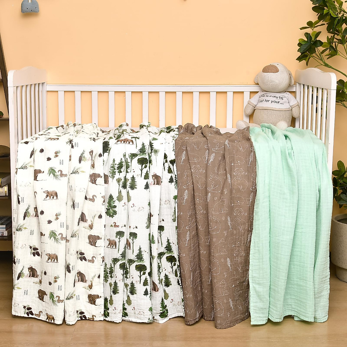 david's kids 4 Pack Baby Muslin Swaddle Blankets, 100% Cotton Swaddling Blankets Wrap for Boys Girls, Ultra Soft Breathable Receiving Blanket, New Born Essentials, Woodland Animals/Green