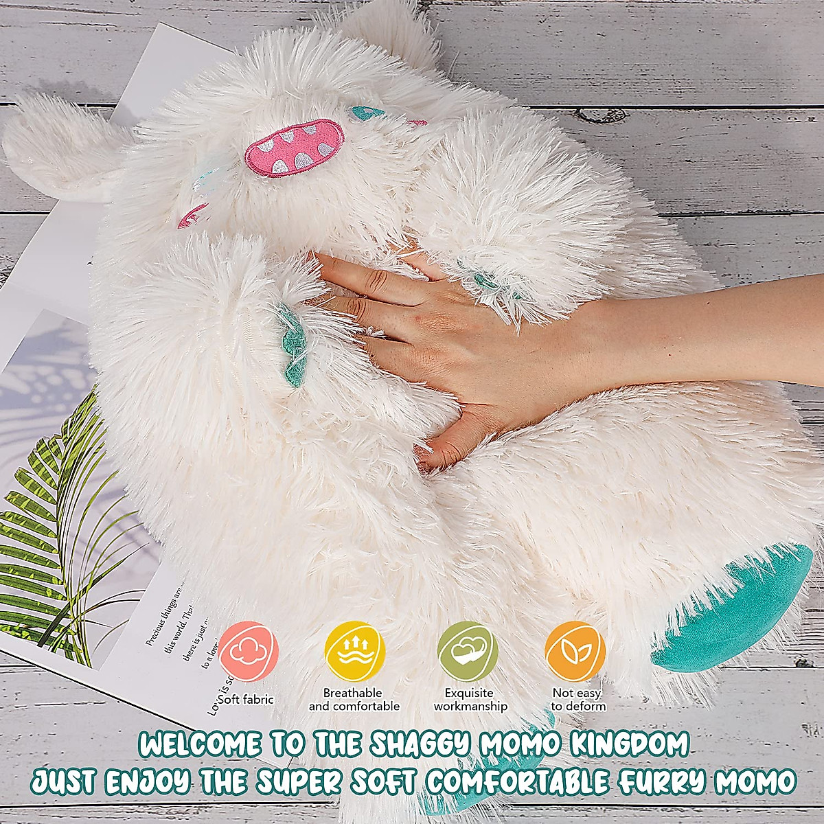 FITNISSFTW Furry Monster Stuffed Animals Plush Toy, 15.7" Faux Fur Pillows Throw Plushie Pillow Doll, Soft White Fluffy Friend Hugging Cushion - Cute Present for Every Age & Occasion