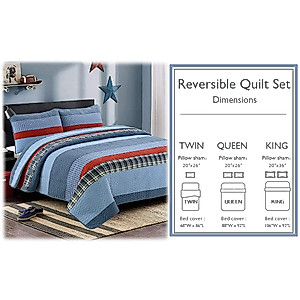 Cozy Line Home Fashions Navy Blue Red Striped Boy 100% Cotton Reversible Quilt Bedding Set, Reversible Coverlet, Bedspread (Varsity, Queen - 3 Piece)