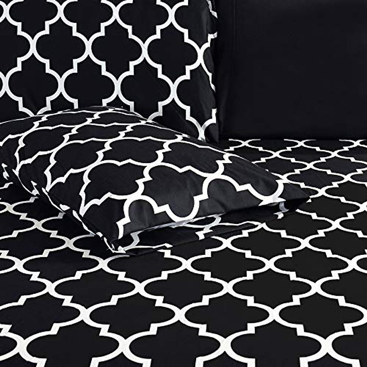 Elegant Comfort 6-Piece Quatrefoil Printed Deep Pocket Bed Sheet Set, Luxurious Silky 1500 Thread Count Bed Sheet Set Ultra Soft Wrinkle Resistant Bedding Set, Queen, Black