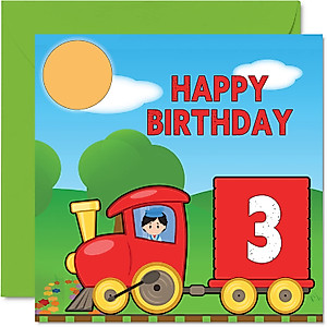 3rd Birthday Card Unisex - Train - Happy Birthday Card for 3 Year Old Son Daughter Brother Sister Grandson Granddaughter Niece Nephew Cousin, 5.7 x 5.7 Inch Birthday Greeting Card