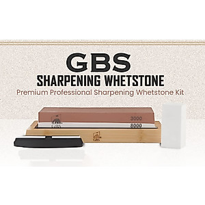 G.B.S Whetstone Knife Sharpening Stone 2 Sided Grit 3000/8000 Waterstone and Black Luxury Shaving Kit - Wood Straight Razor, Mug, Natural Soap, Brush, Alum block, Strop and Paste