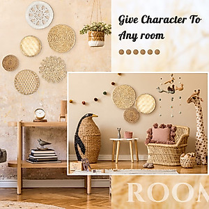 6 Pcs Rustic Hanging Boho Flat Woven Farmhouse Rattan Wall Decor Wall Basket for Living Room Bedroom Decoration