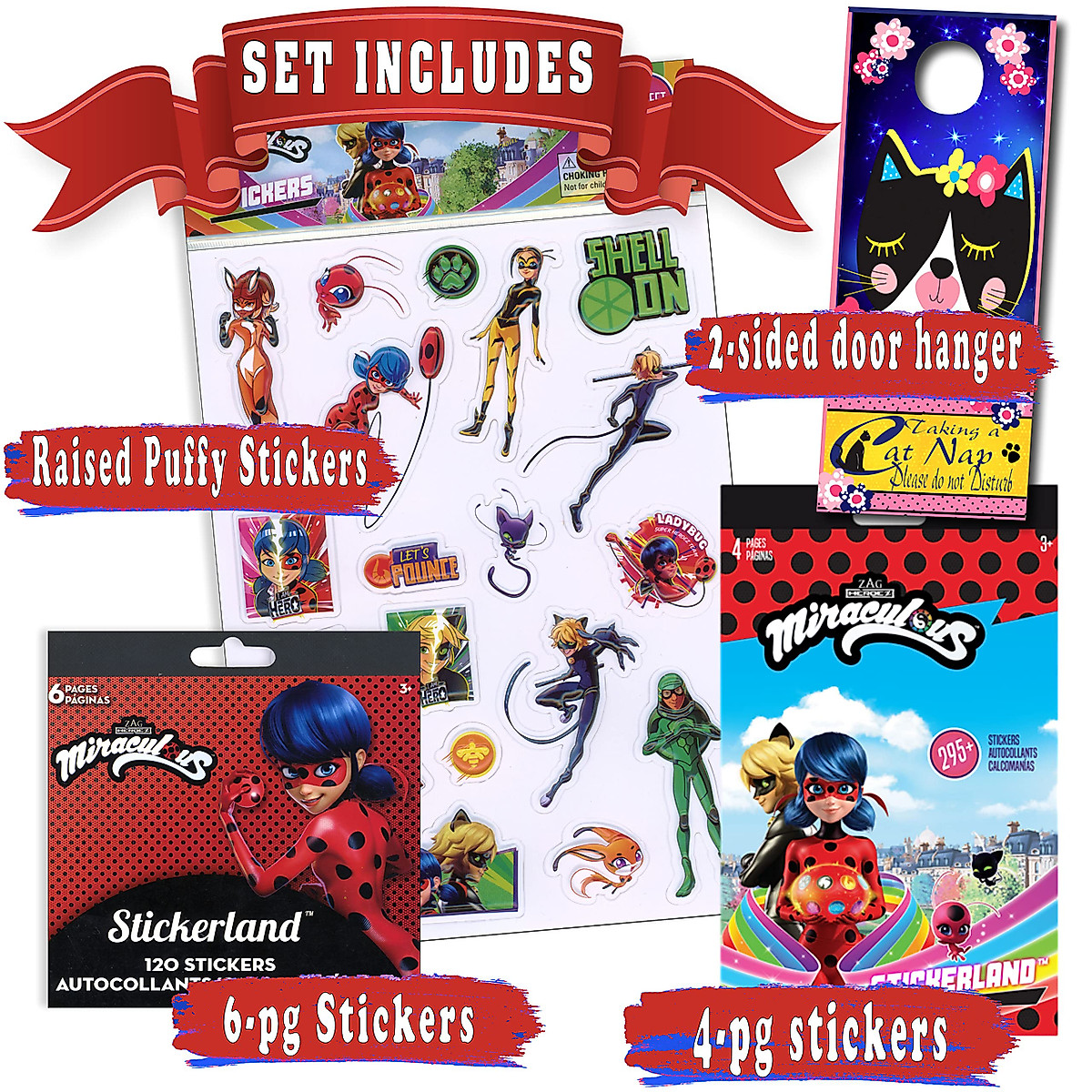 Miraculous Ladybug and Cat Noir - Activity Bundle - Miraculous Ladybug Stickers, Miraculous Ladybug Raised Stickers, 2-Sided Door Hanger