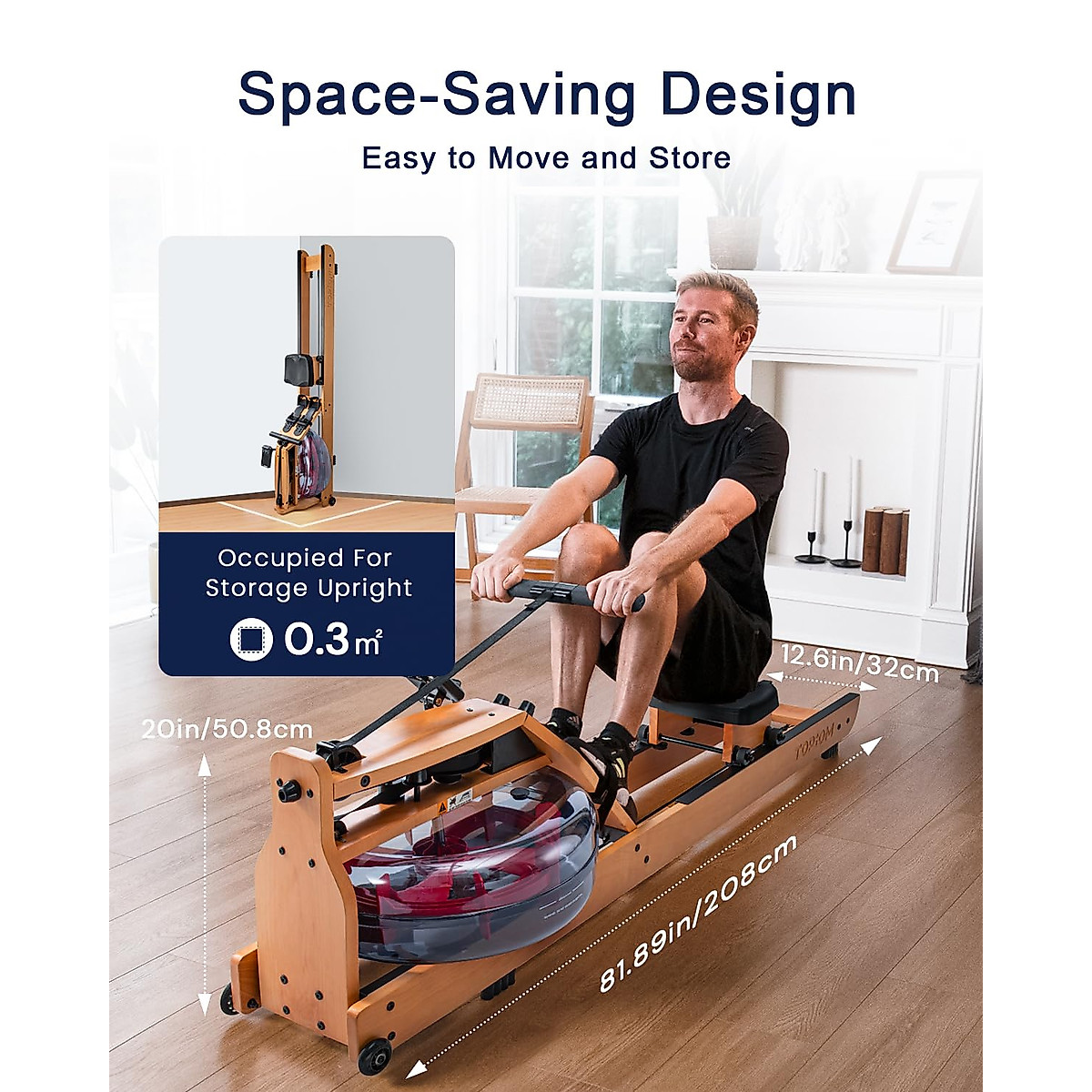 TOPIOM Water Rowing Machine for Home Use, Solid Wood Rower Machine with Upgraded Handle and Adjustable Footpad, TM3 Dedicated Monitor & Bluetooth Connection (Oak Pro)