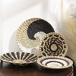 Wicker Wall Basket Decor Set of 4 - Black, Brown & White - Woven Boho Macrame Wall Hanging - Hook Attached for EASY Hanging - Wall Hanging Decor for Farmhouse Style