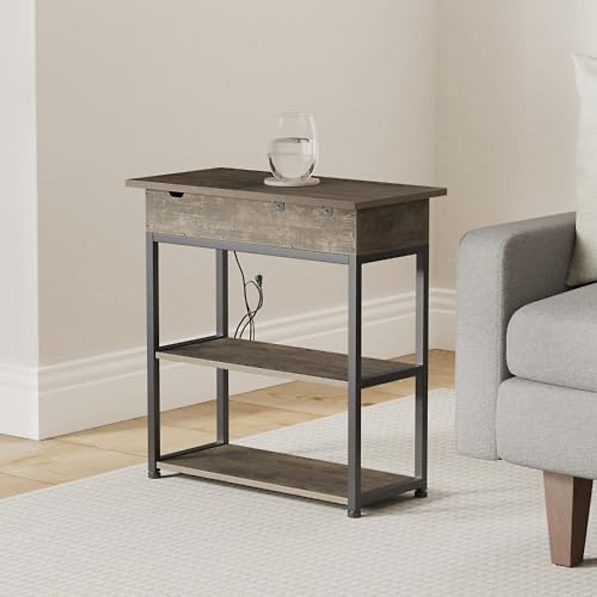 Rolanstar End Table with Charging Station, Narrow Nightstand, Flip Top Side Table with USB Ports and Storage Shelves for Small Spaces, Living Room, Bedroom, Grey