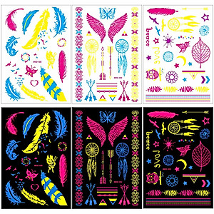 8 Large Sheets Neon Temporary Tattoos Glow In The Dark Neon Tattoos for Party Decoration Fake Tattoos UV Blacklight for Adults Kids Birthday Party Decoration