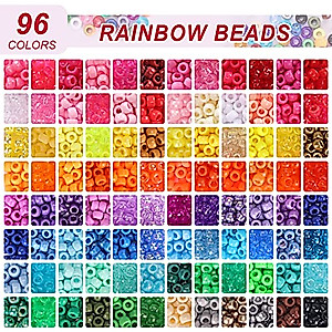 QUEFE 3250pcs Pony Beads Set, Kandi Beads 2400pcs Rainbow Beads in 96 Colors, 800pcs Letter and Heart Beads with 20 Meter Elastic Threads for Bracelet Jewelry Necklace Making