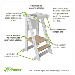 Little Partners® Learning Tower Foldable Toddler Tower Baby Kitchen Stool - Kitchen Helper Stool Adjustable Ladder for Kids Ages 2 to 6 (White w/Natural)