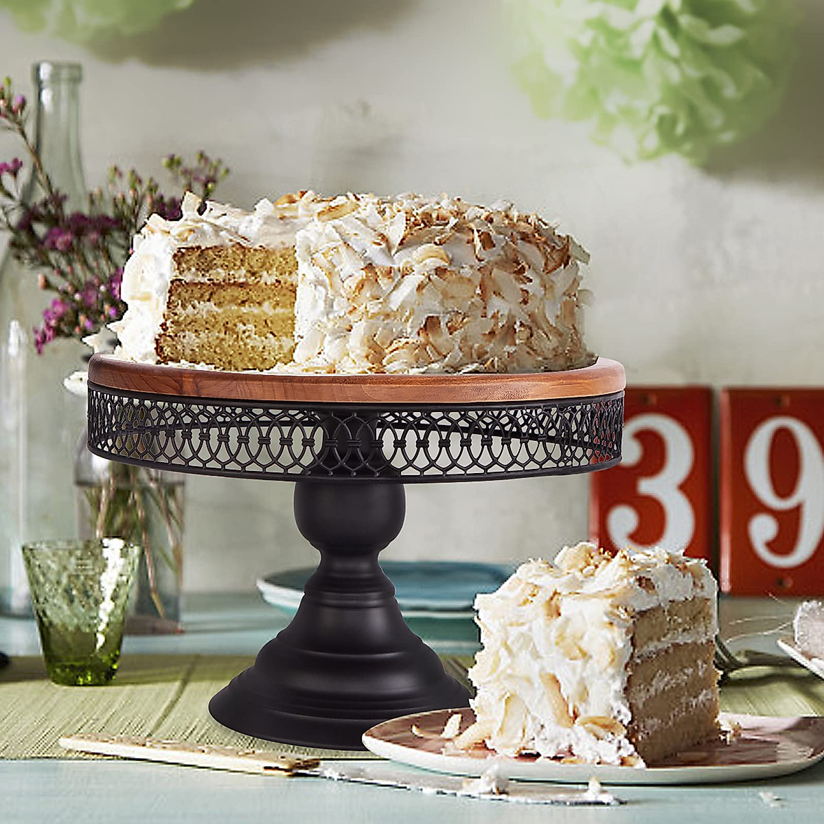 weharnar Rustic Cake Stand Round Wooden Cake Stand and Dessert Pedestal Display Stand with Black Base, Dessert Cupcake Pastry Candy Display Plate for Wedding Birthday Event Party 12 inches